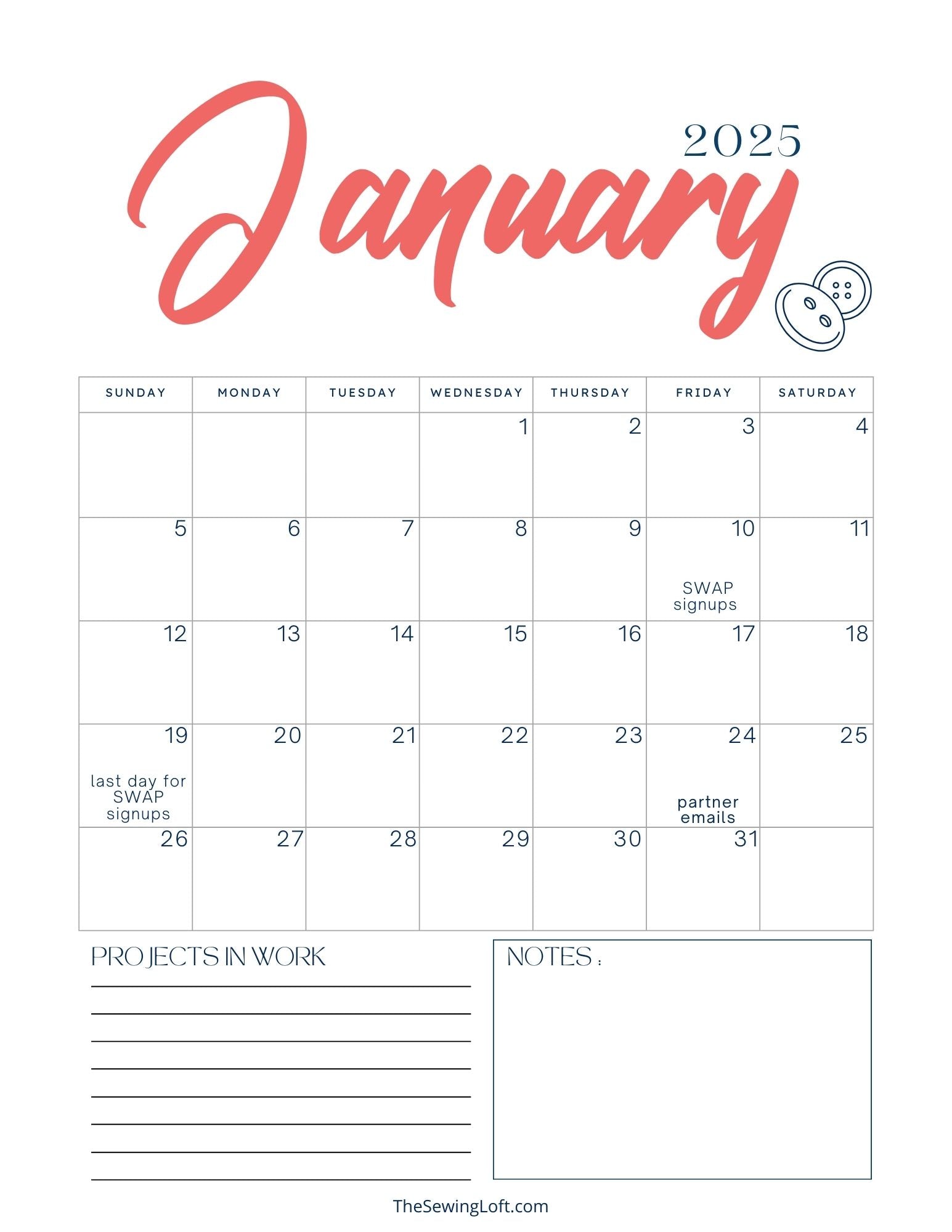 2025 Calendar Printout | January – TheSewingLoft